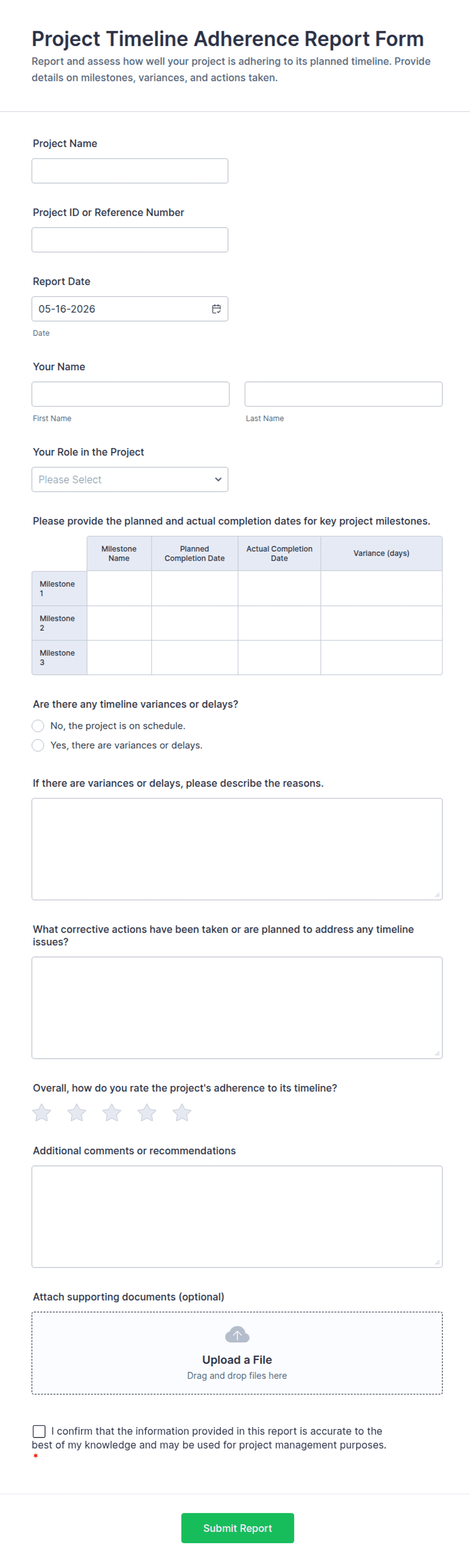 Project Timeline Adherence Report Form Template | Jotform
