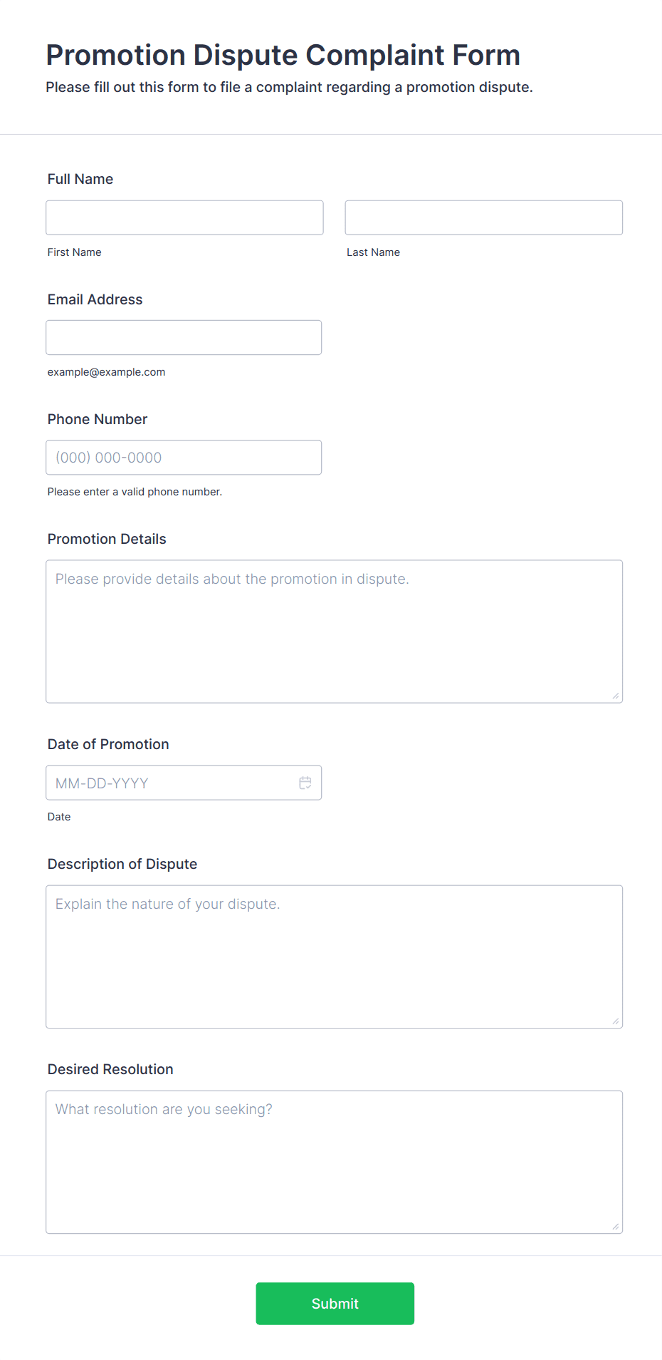 Promotion Dispute Complaint Form Template | Jotform