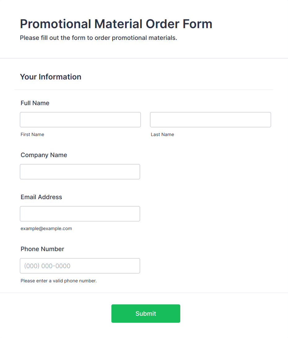 Promotional Material Order Form Template | Jotform