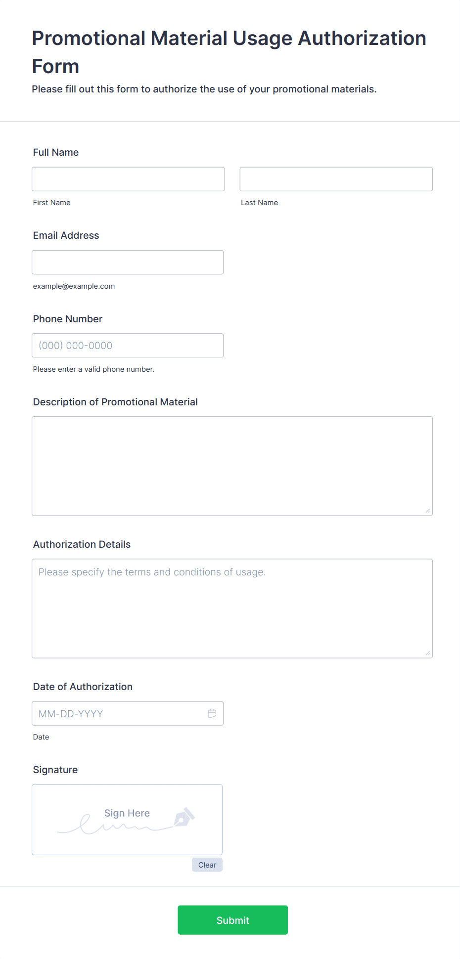 Promotional Material Usage Authorization Form Template | Jotform