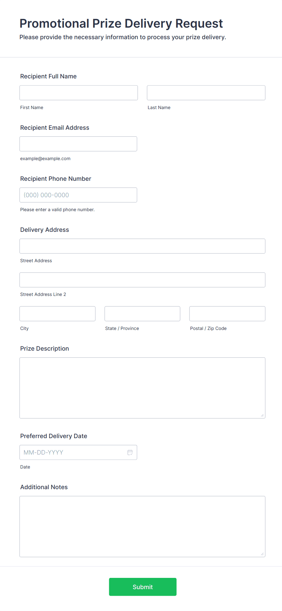Promotional Prize Delivery Request Form Template | Jotform