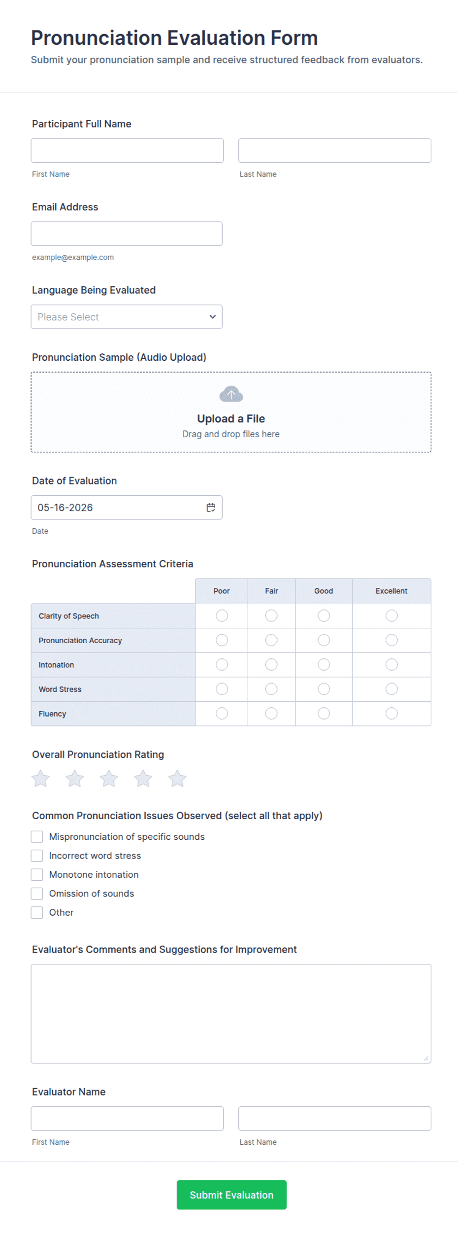 Pronunciation Evaluation Form Template | Jotform