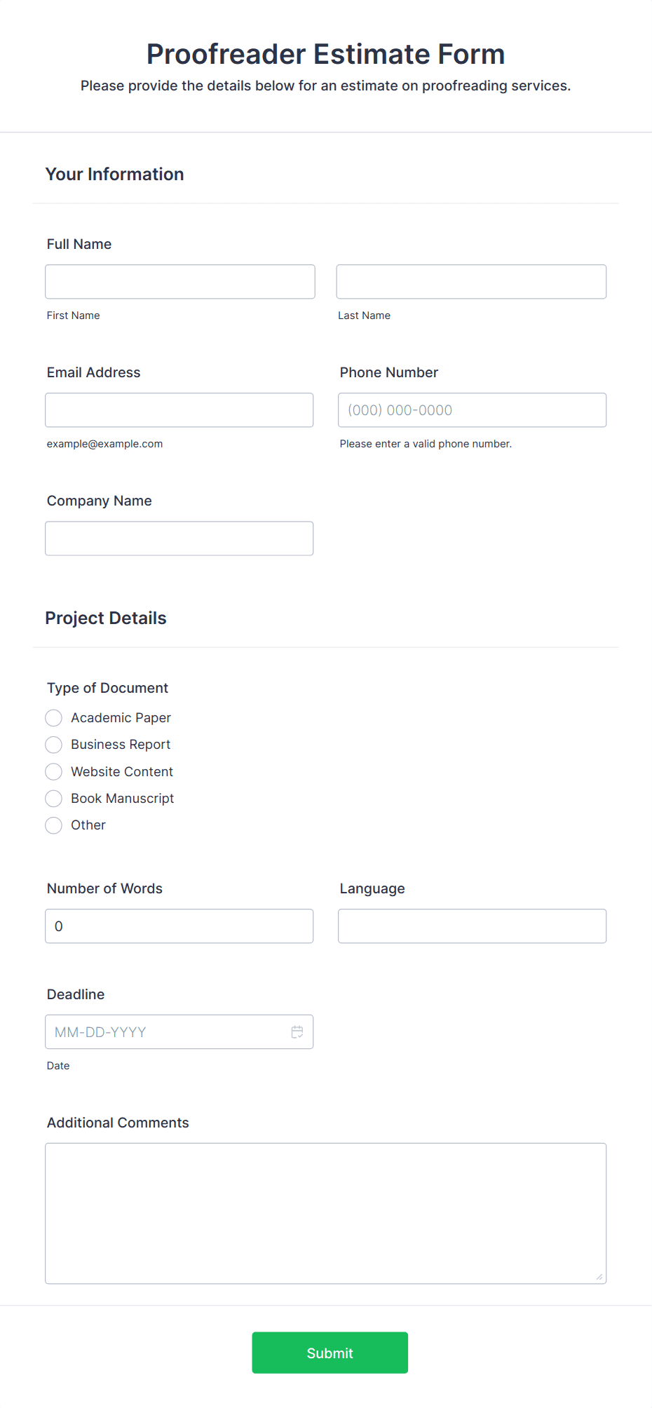 Proofreader Estimate Form Template | Jotform