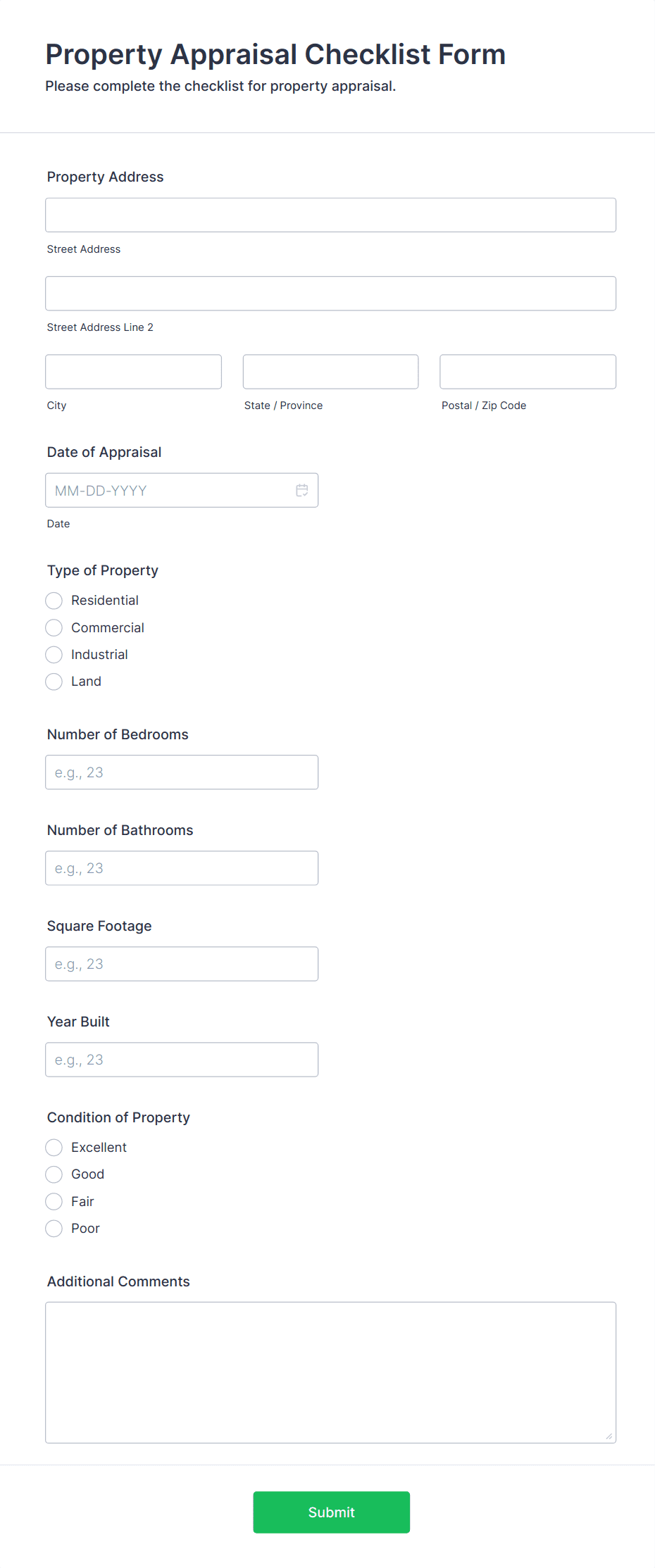 Property Appraisal Checklist Form Template | Jotform