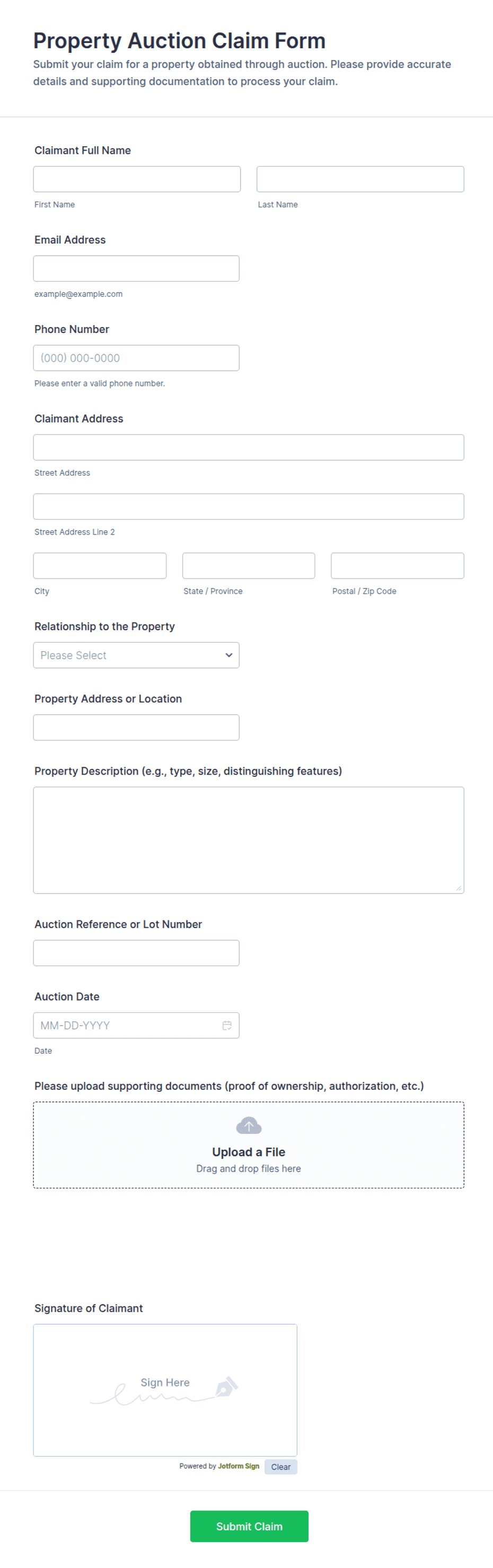 Property Auction Claim Form Template | Jotform