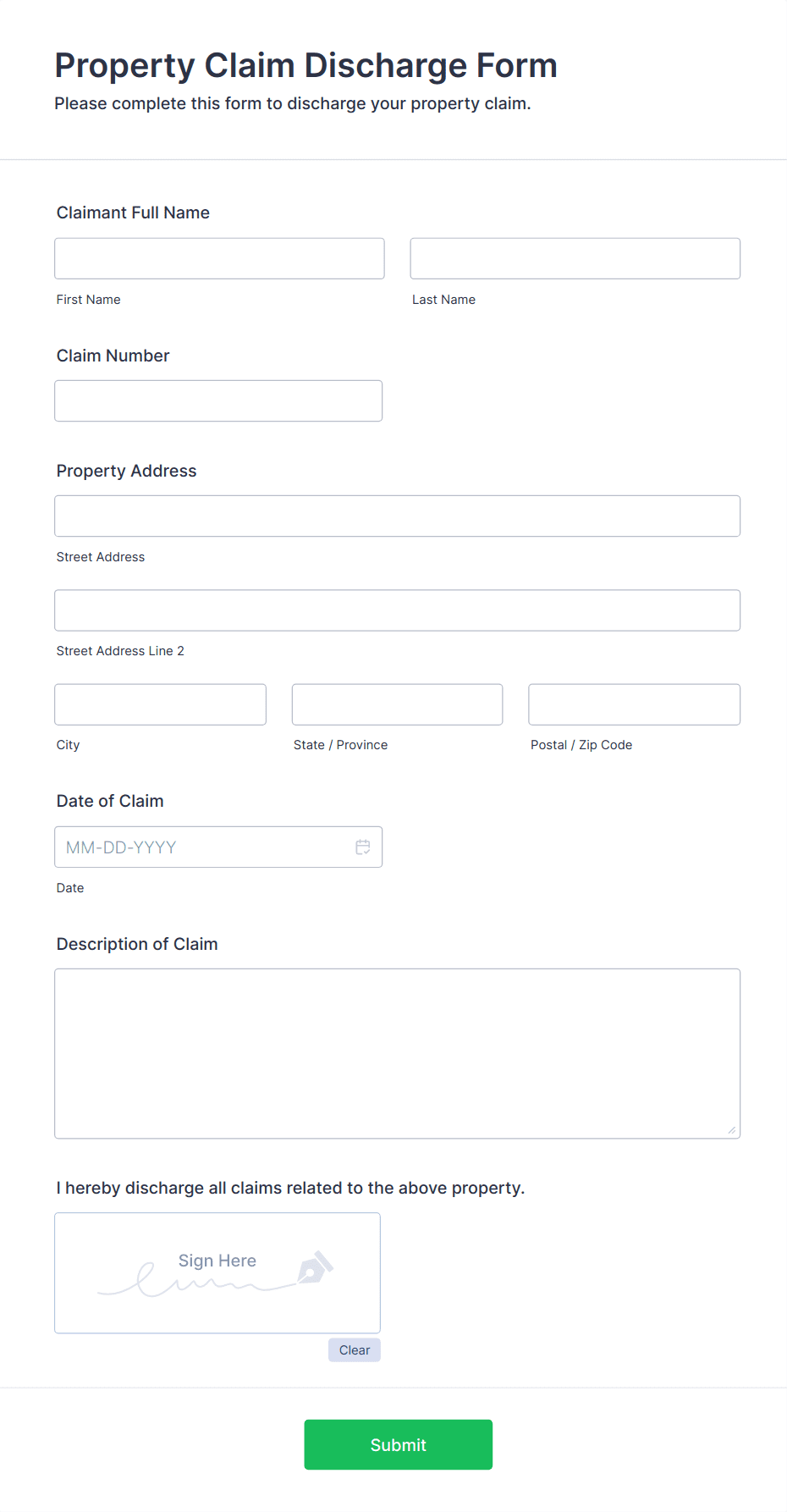 Property Claim Discharge Form Template | Jotform