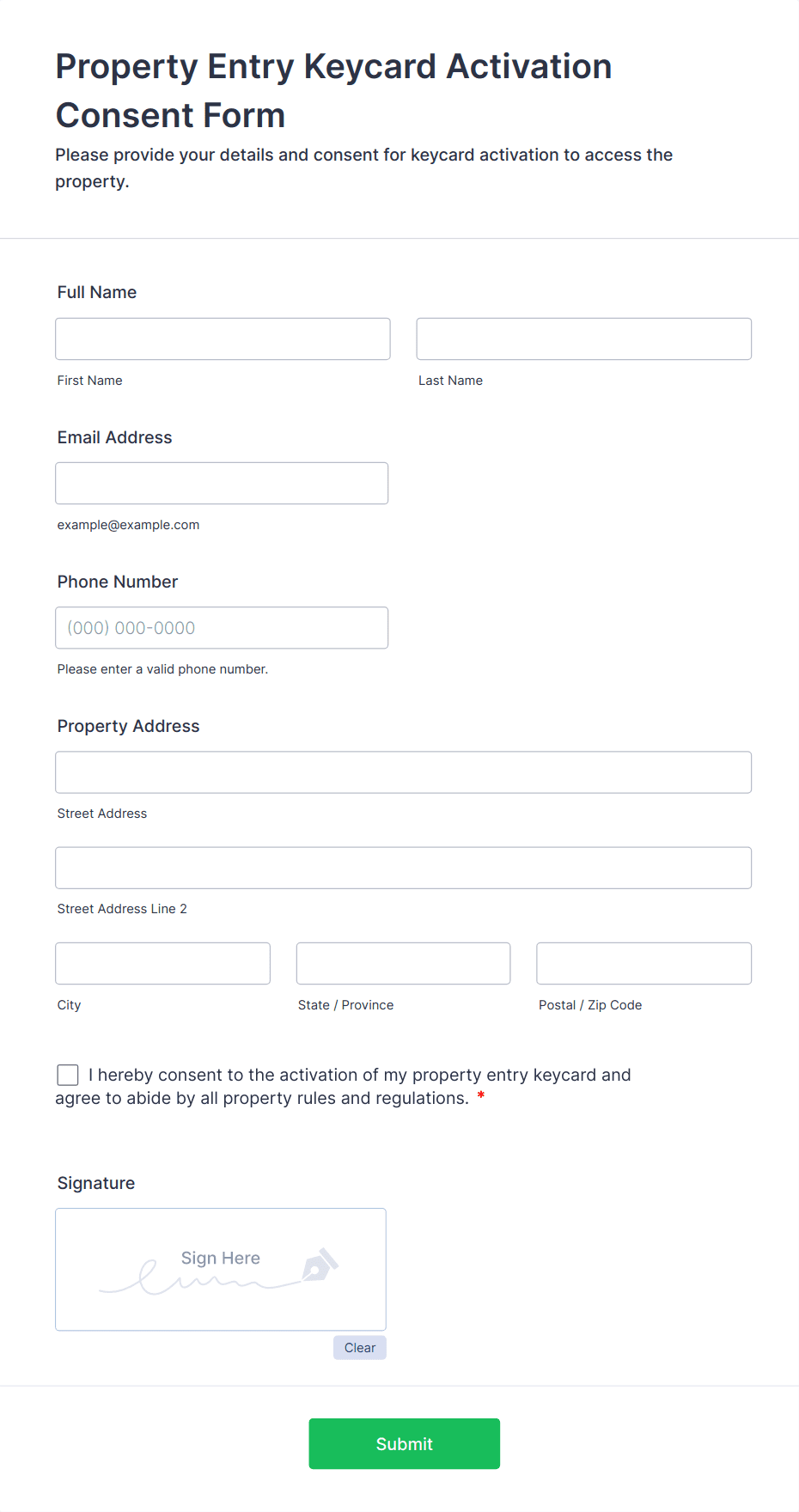 Property Entry Keycard Activation Consent Form Template | Jotform