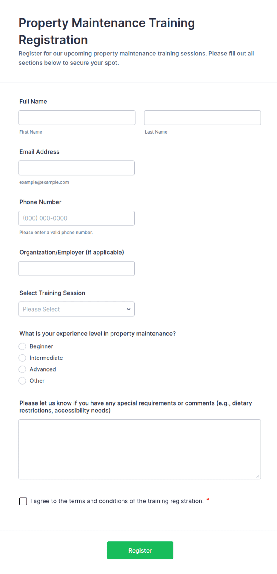 Property Maintenance Training Registration Form Template | Jotform