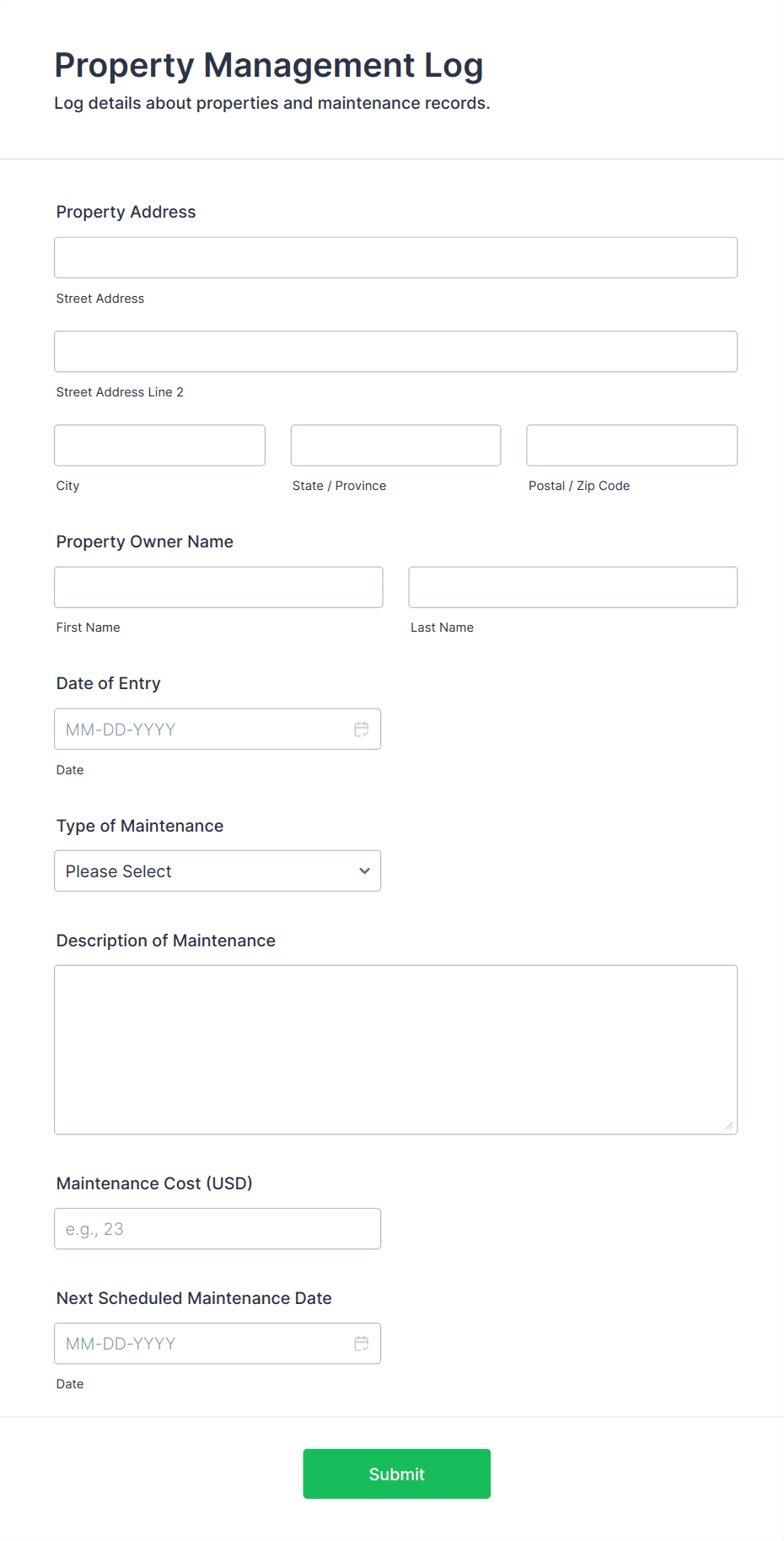 Property Management Log Form Template | Jotform