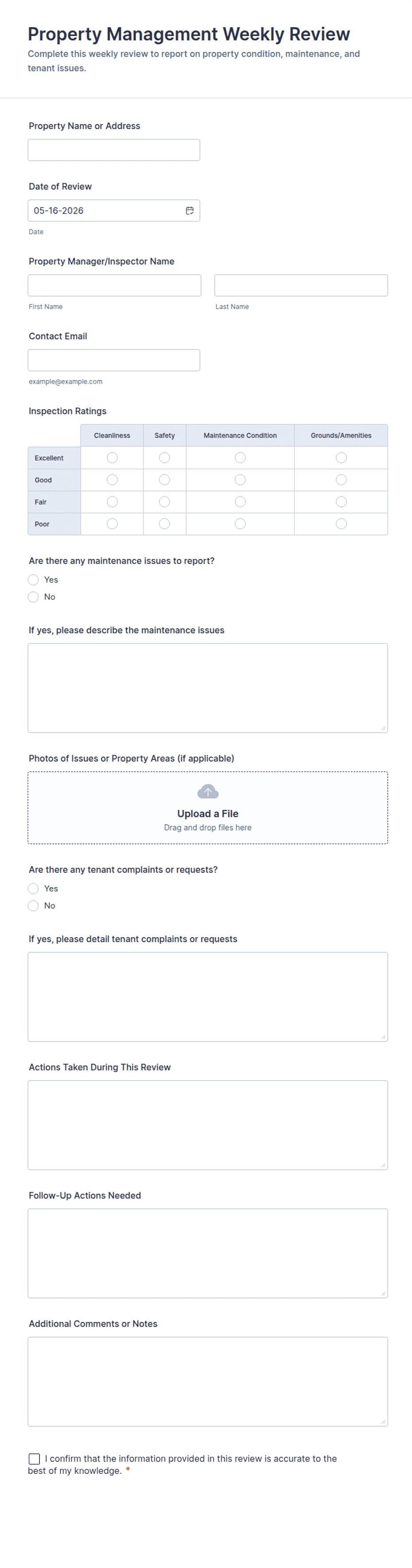 Property Management Weekly Review Form Template | Jotform