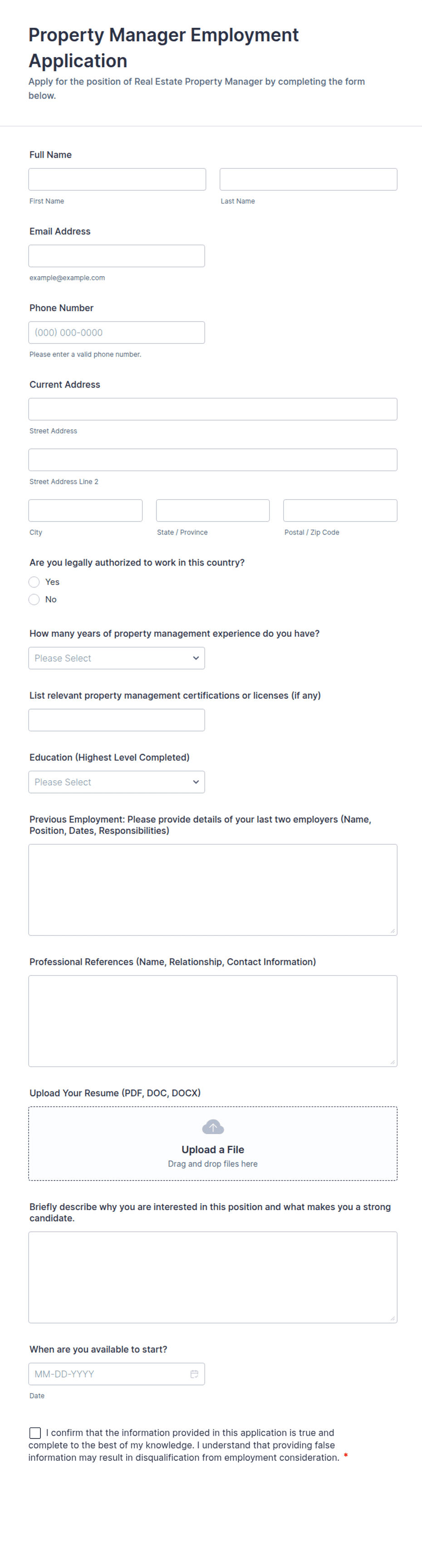 Property Manager Employment Application Form Template | Jotform