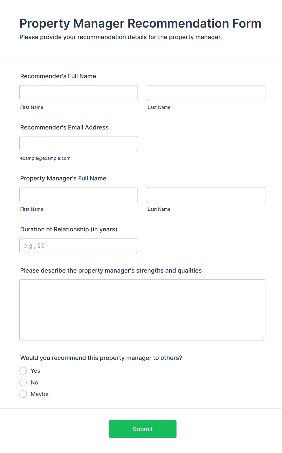 Property Manager Recommendation Form Template | Jotform