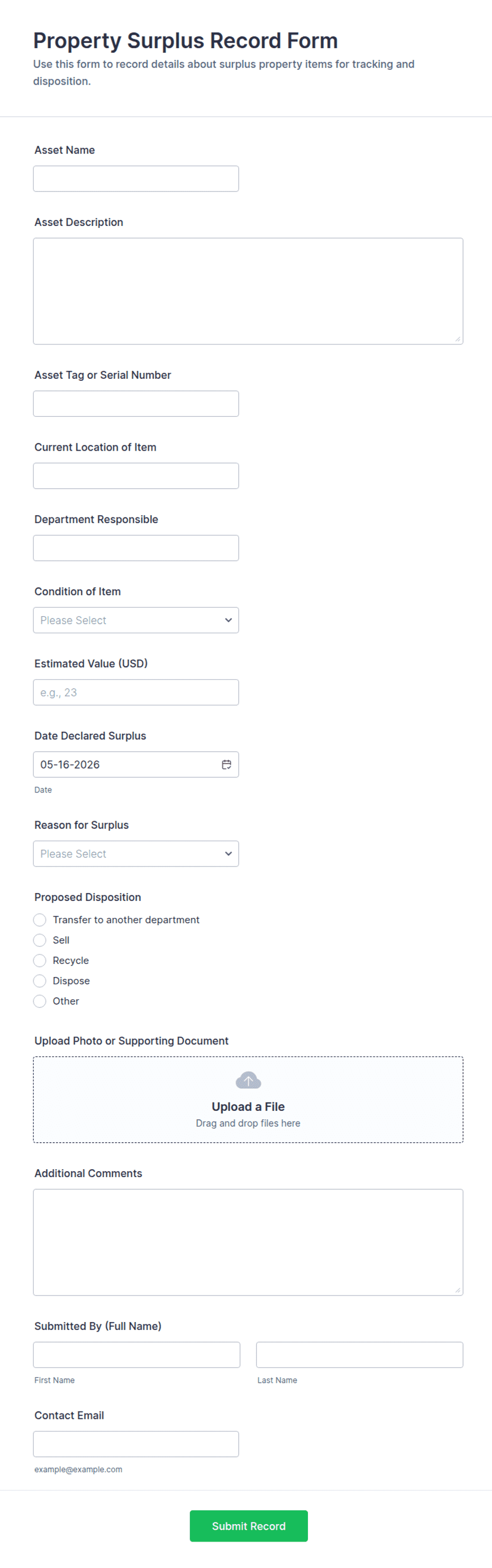 Property Surplus Record Form Template | Jotform