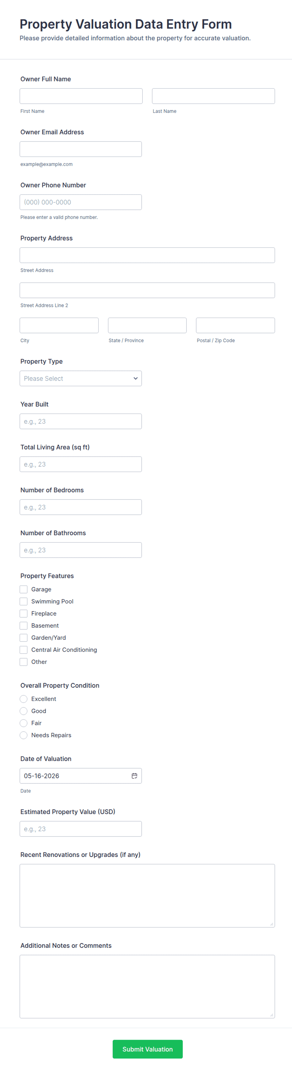 Property Valuation Data Entry Form Template | Jotform