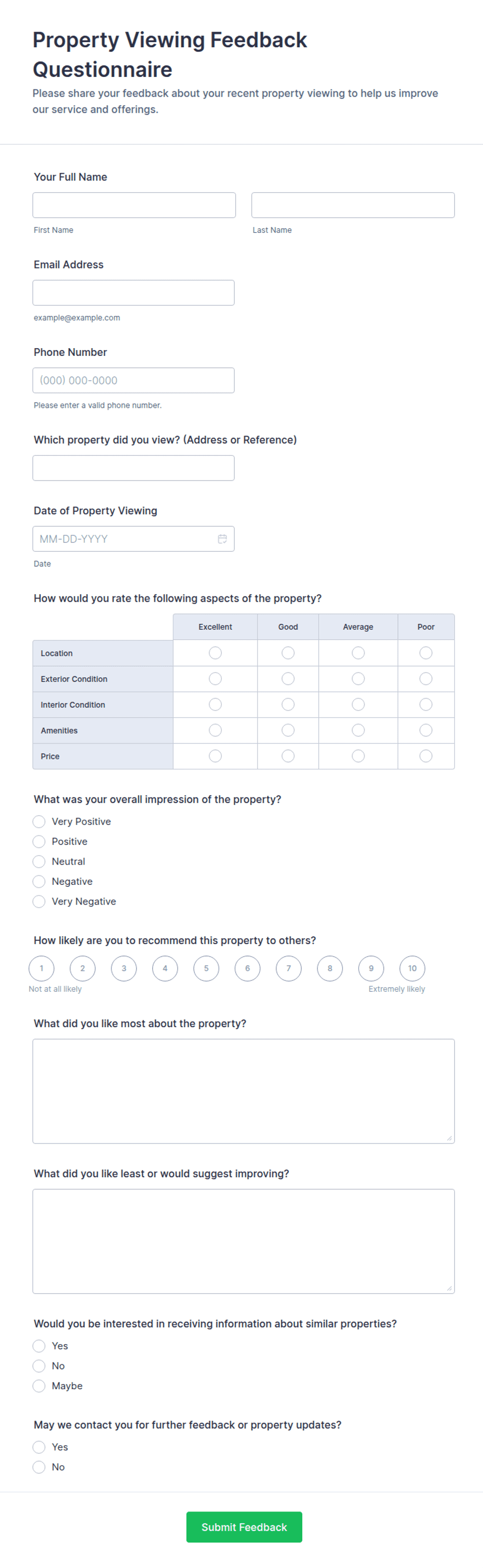 Property Viewing Feedback Questionnaire Form Template | Jotform