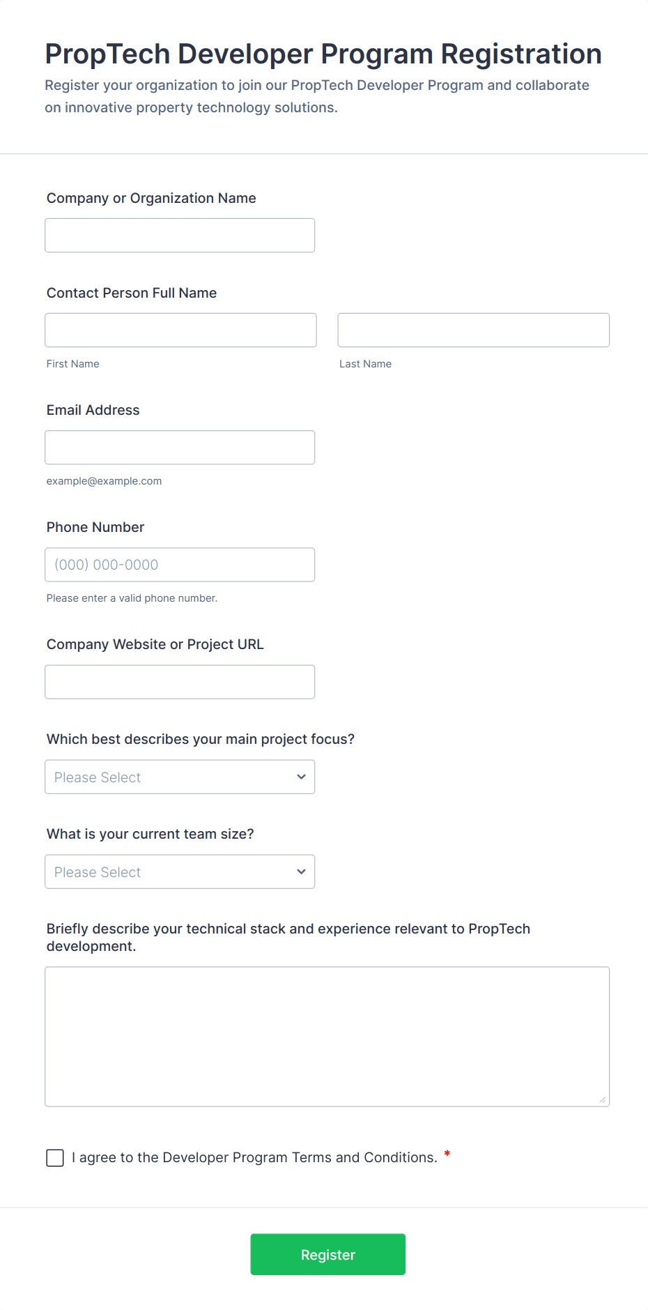PropTech Developer Program Registration Form Template | Jotform