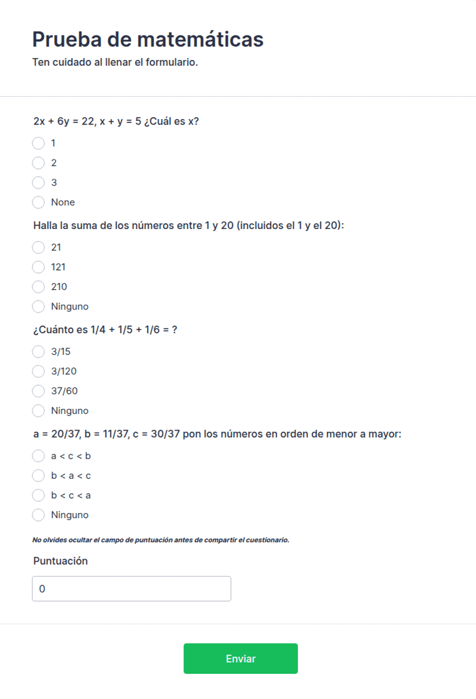 Prueba de matemáticas | Jotform