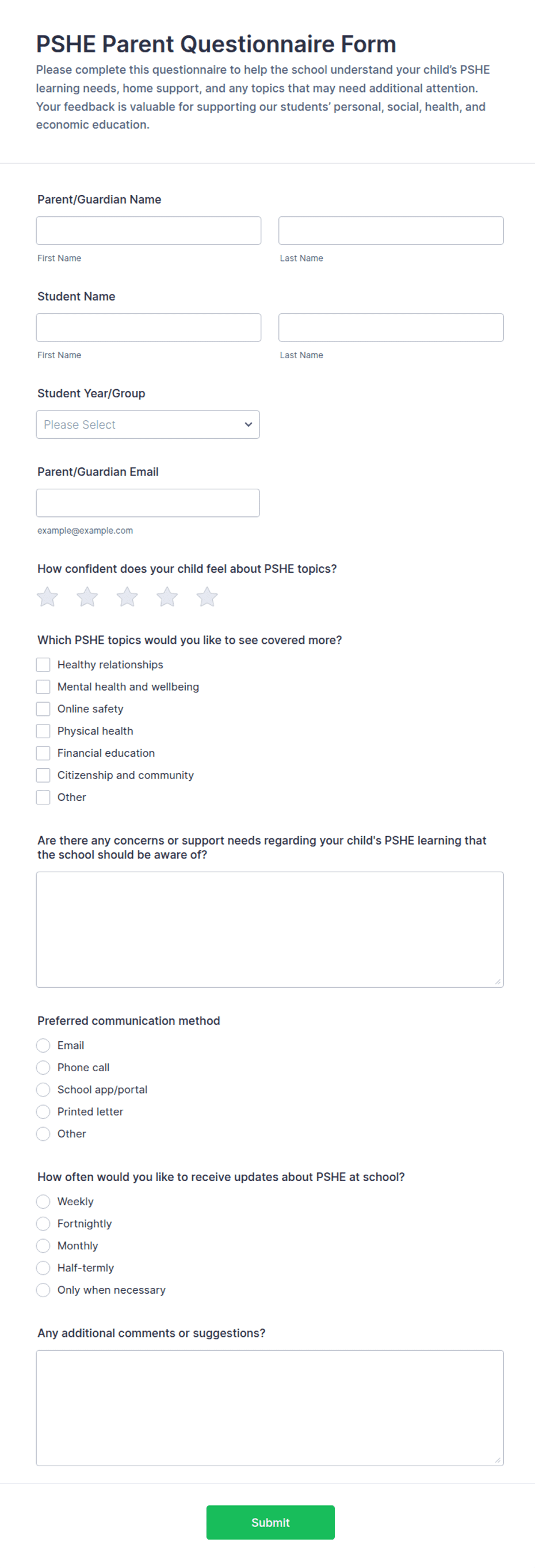 PSHE Parent Questionnaire Form Template | Jotform