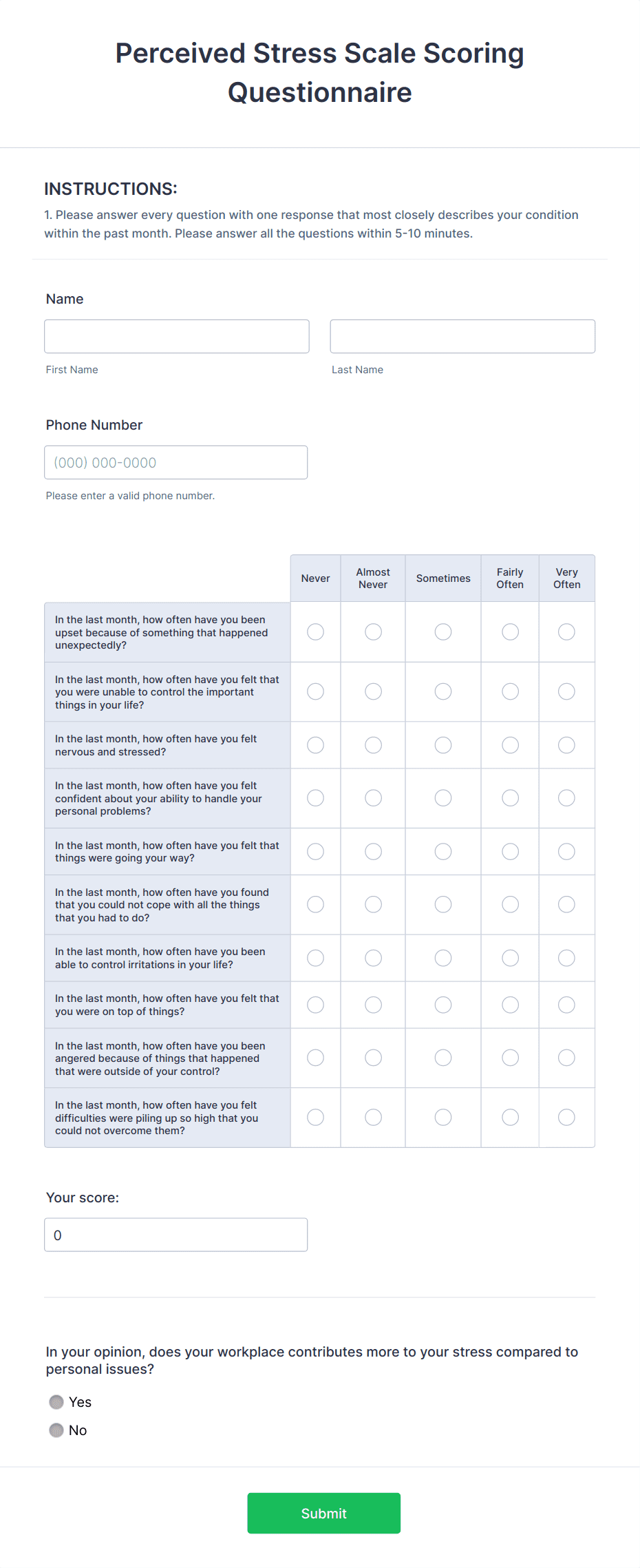 PSS Questionnaire Form Template | Jotform