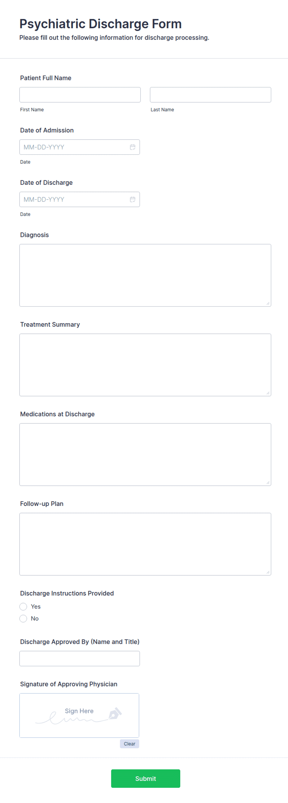 Psychiatric Discharge Form Template | Jotform