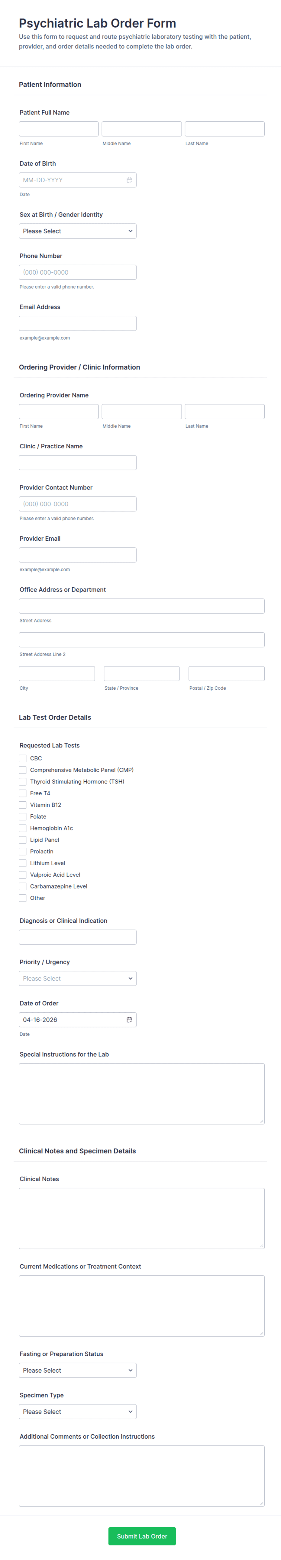 Psychiatric Lab Order Form Template | Jotform