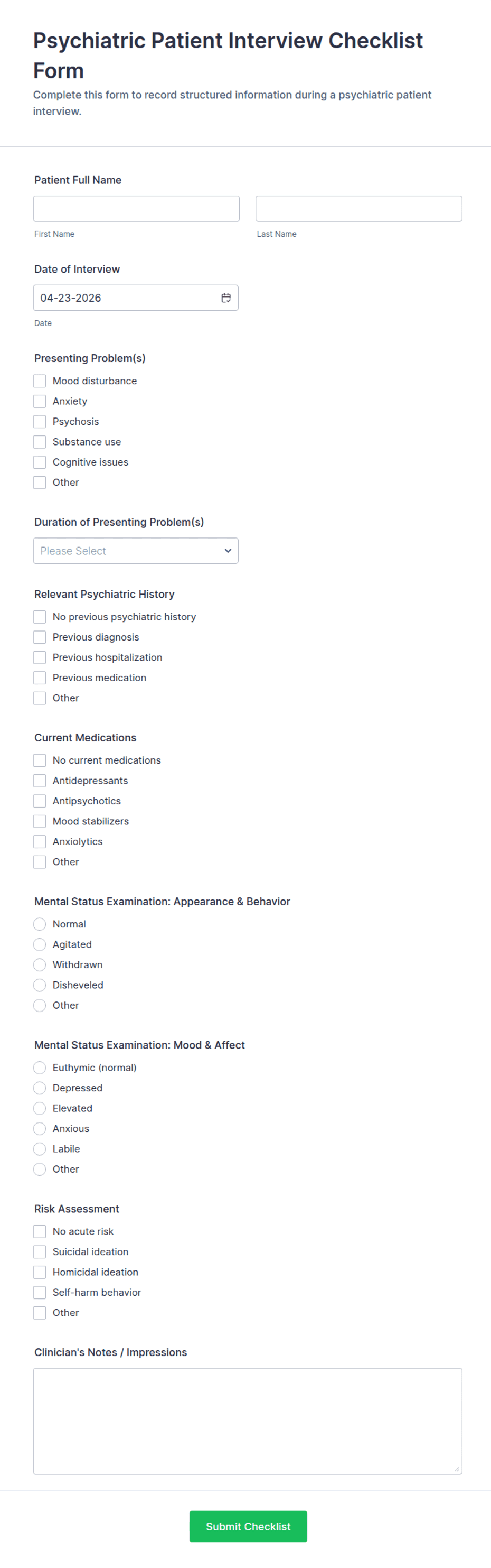 Psychiatric Patient Interview Checklist Form Template | Jotform