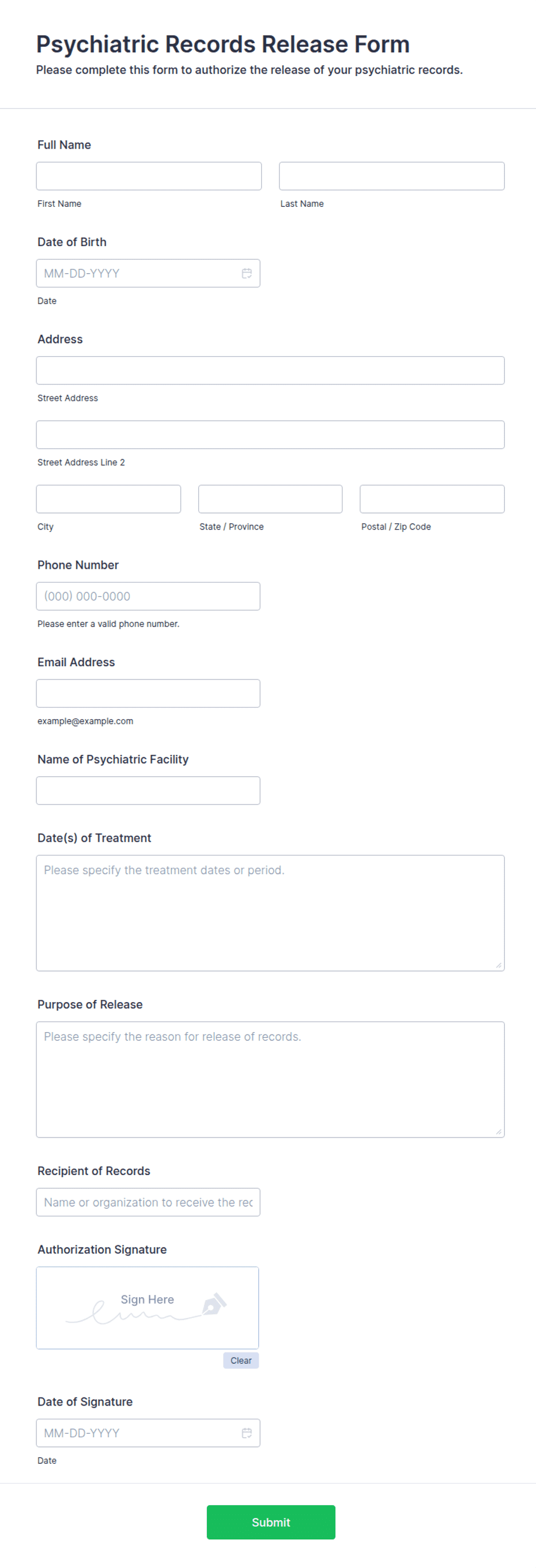 Psychiatric Records Release Form Template | Jotform