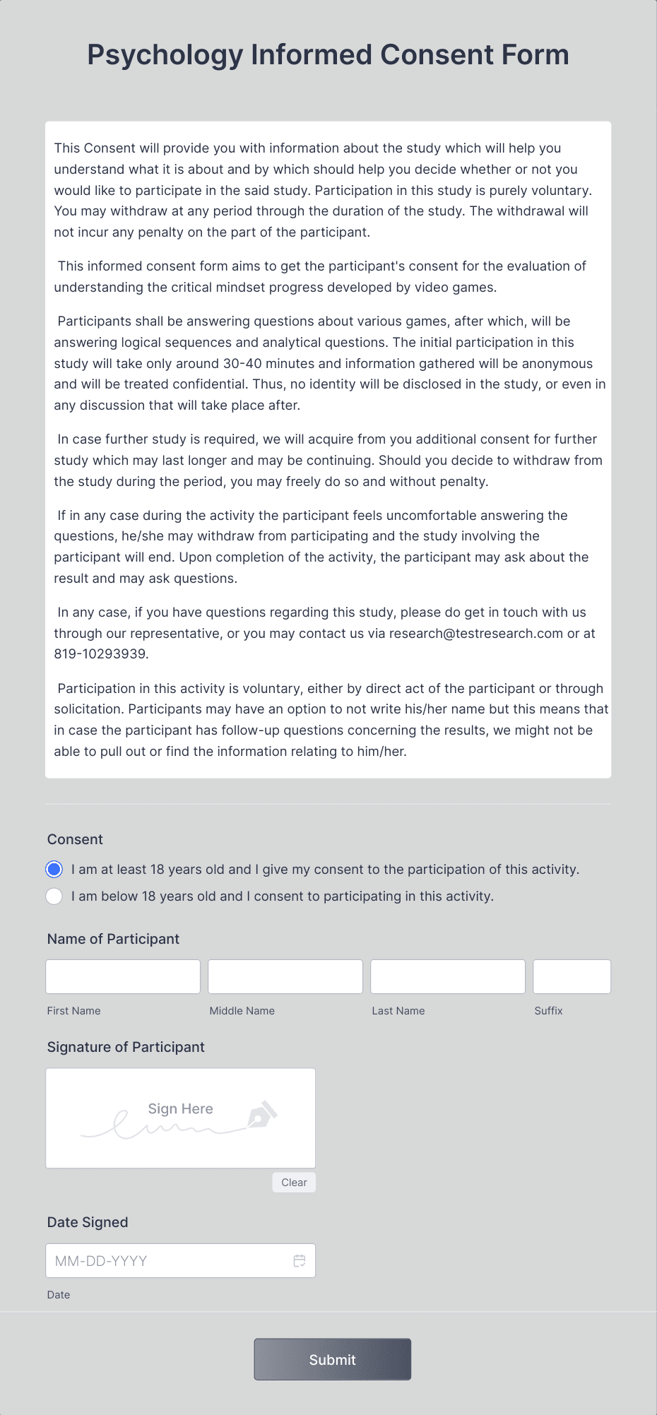 Psychology Informed Consent Form Template | Jotform