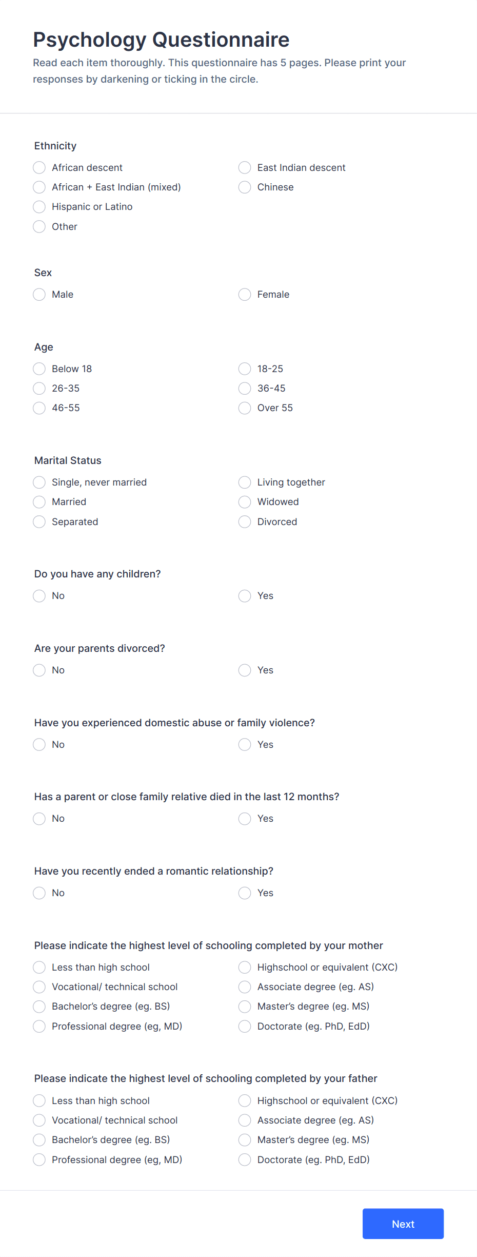 Psychology Questionnaire Form Template | Jotform