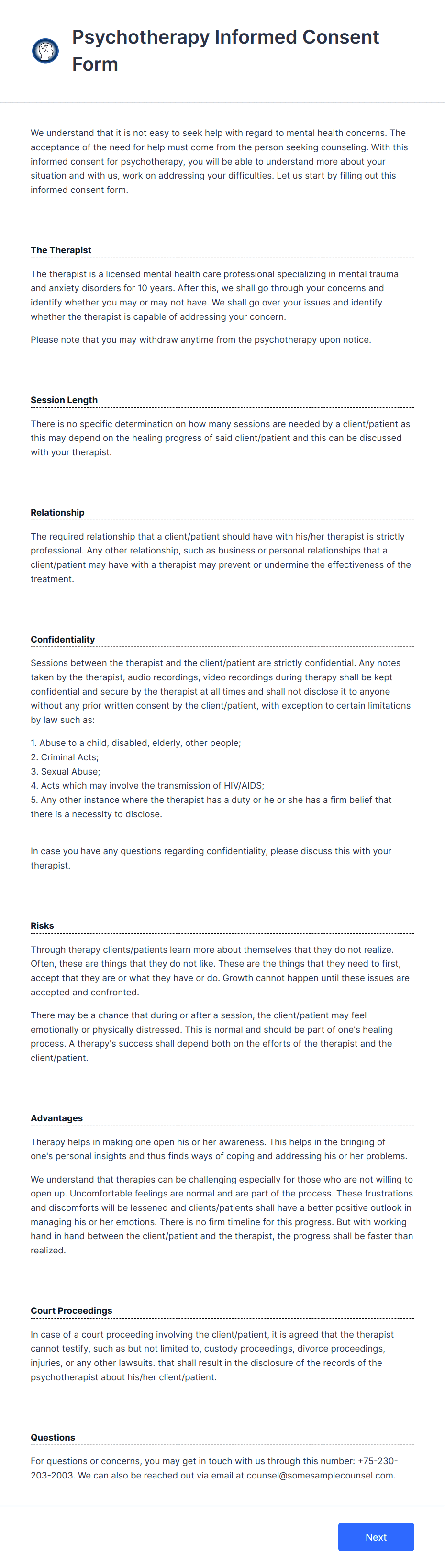 Psychotherapy Informed Consent Form Template | Jotform