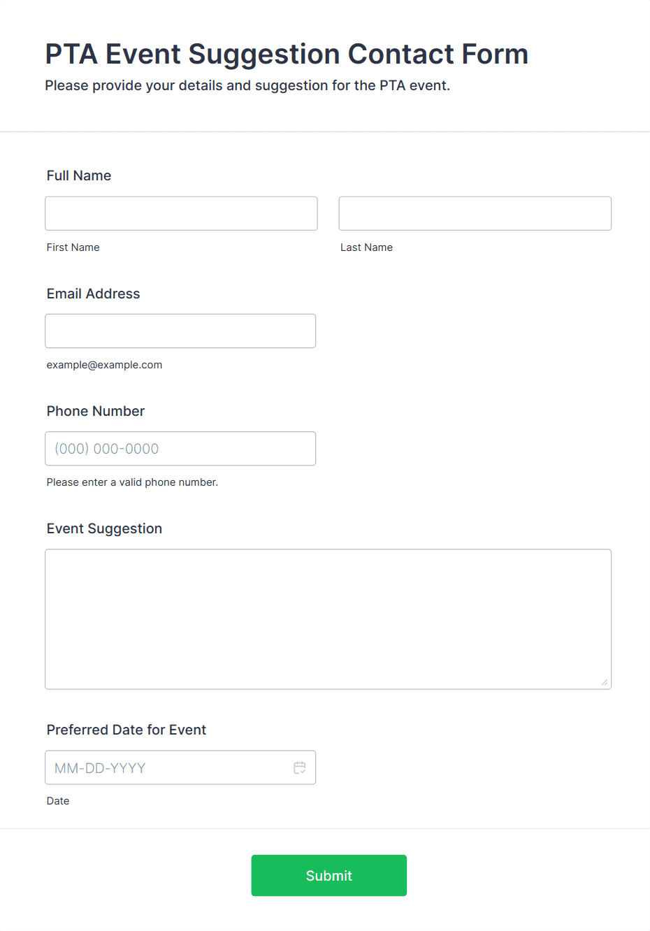PTA Event Suggestion Contact Form Template | Jotform