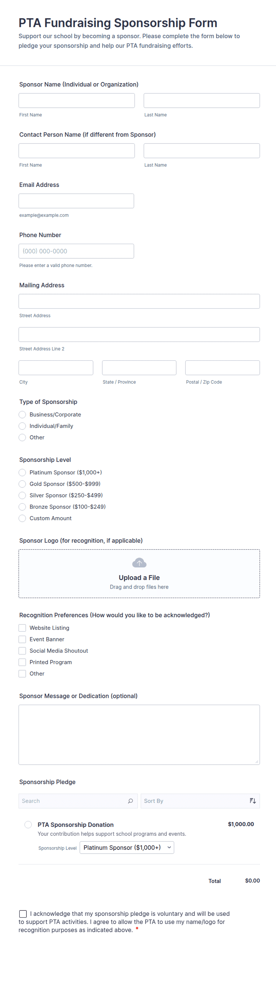 PTA Fundraising Sponsorship Form Template | Jotform