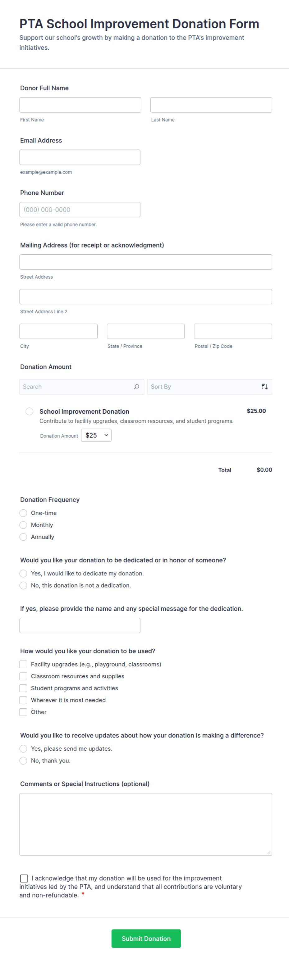 PTA School Improvement Donation Form Template | Jotform