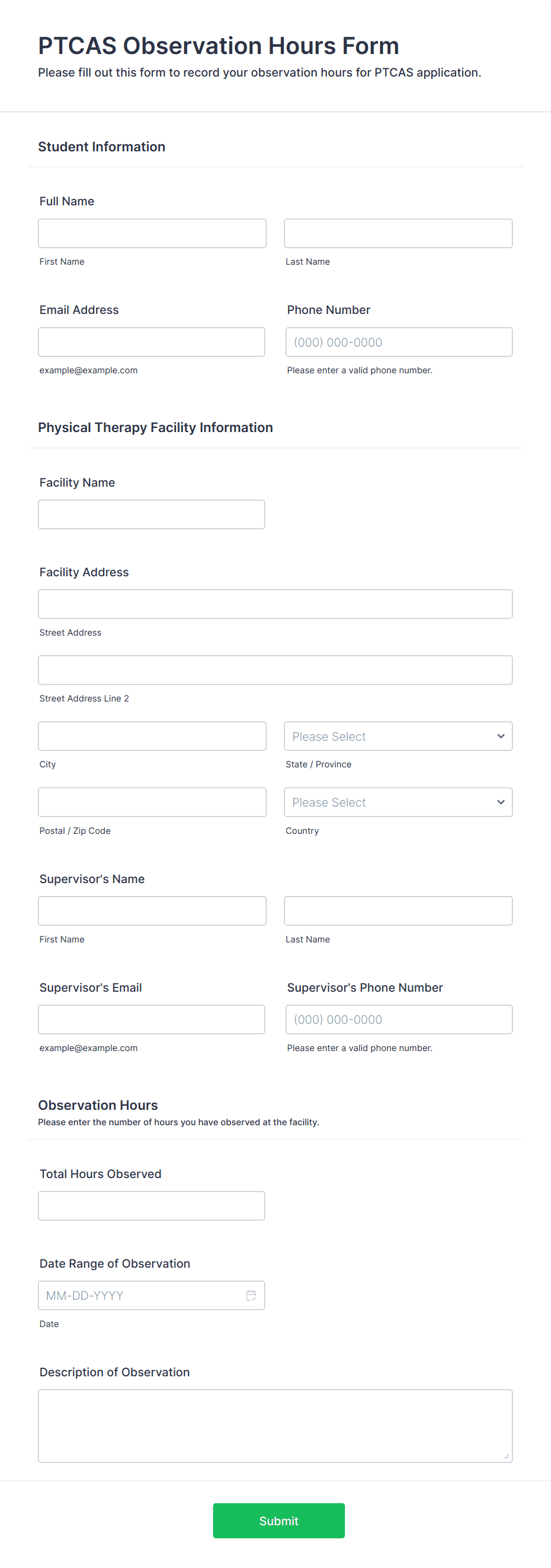 PTCAS Observation Hours Form Template | Jotform