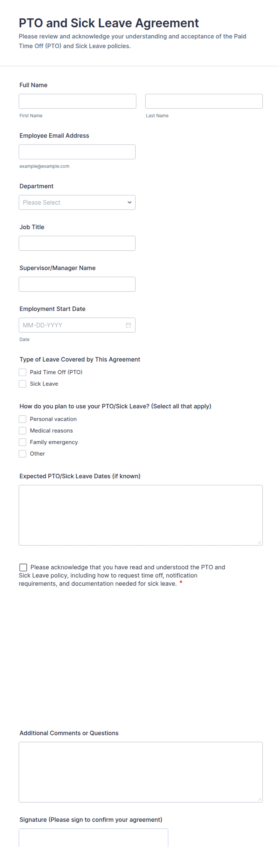 PTO and Sick Leave Agreement Form Template | Jotform