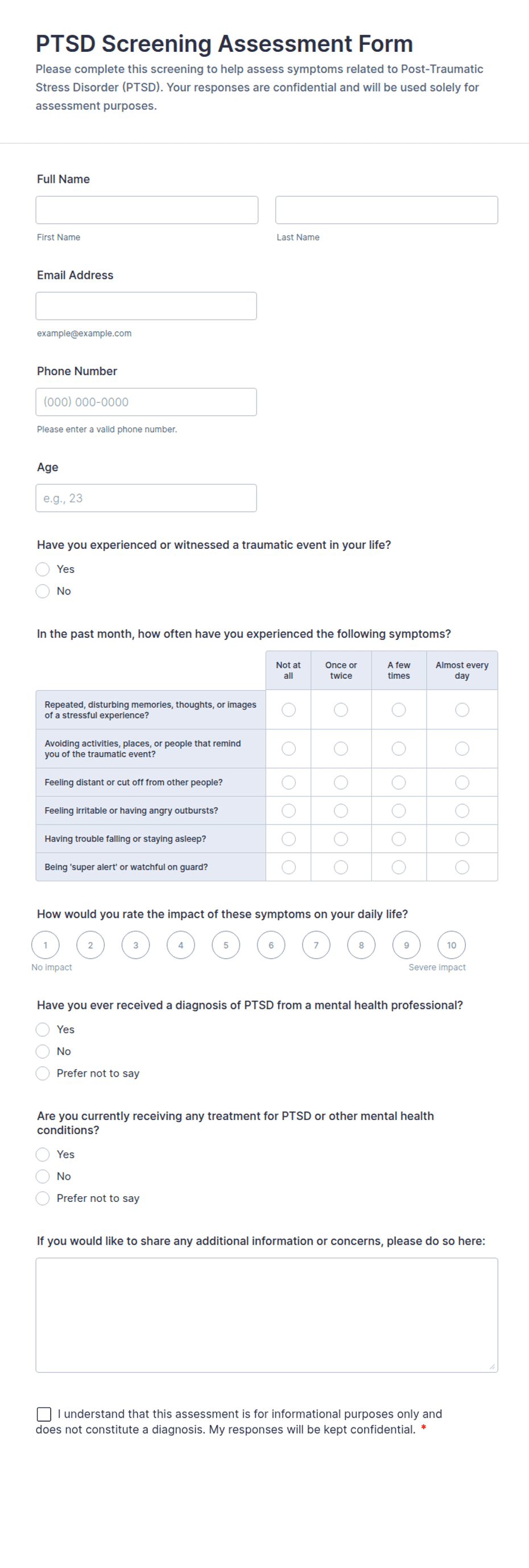 PTSD Screening Assessment Form Template | Jotform