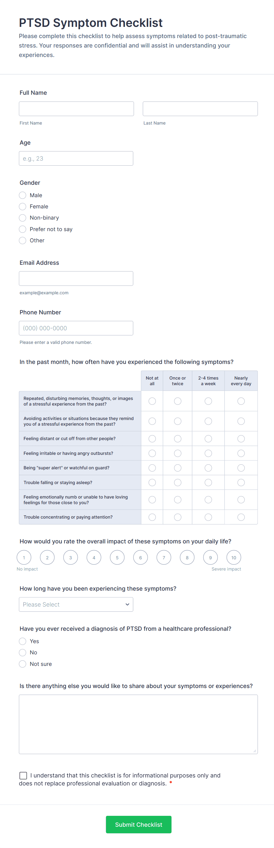 PTSD Symptom Checklist Form Template | Jotform