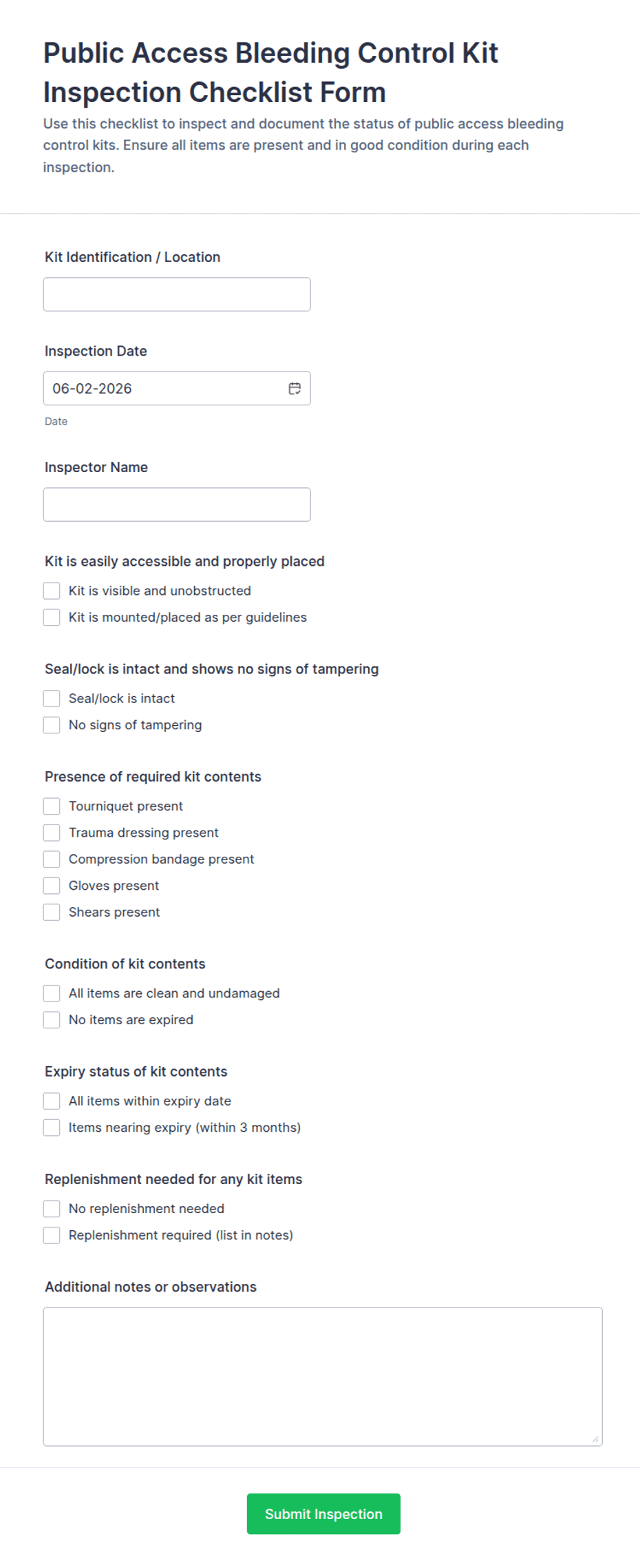 Public Access Bleeding Control Kit Inspection Checklist Form Template ...