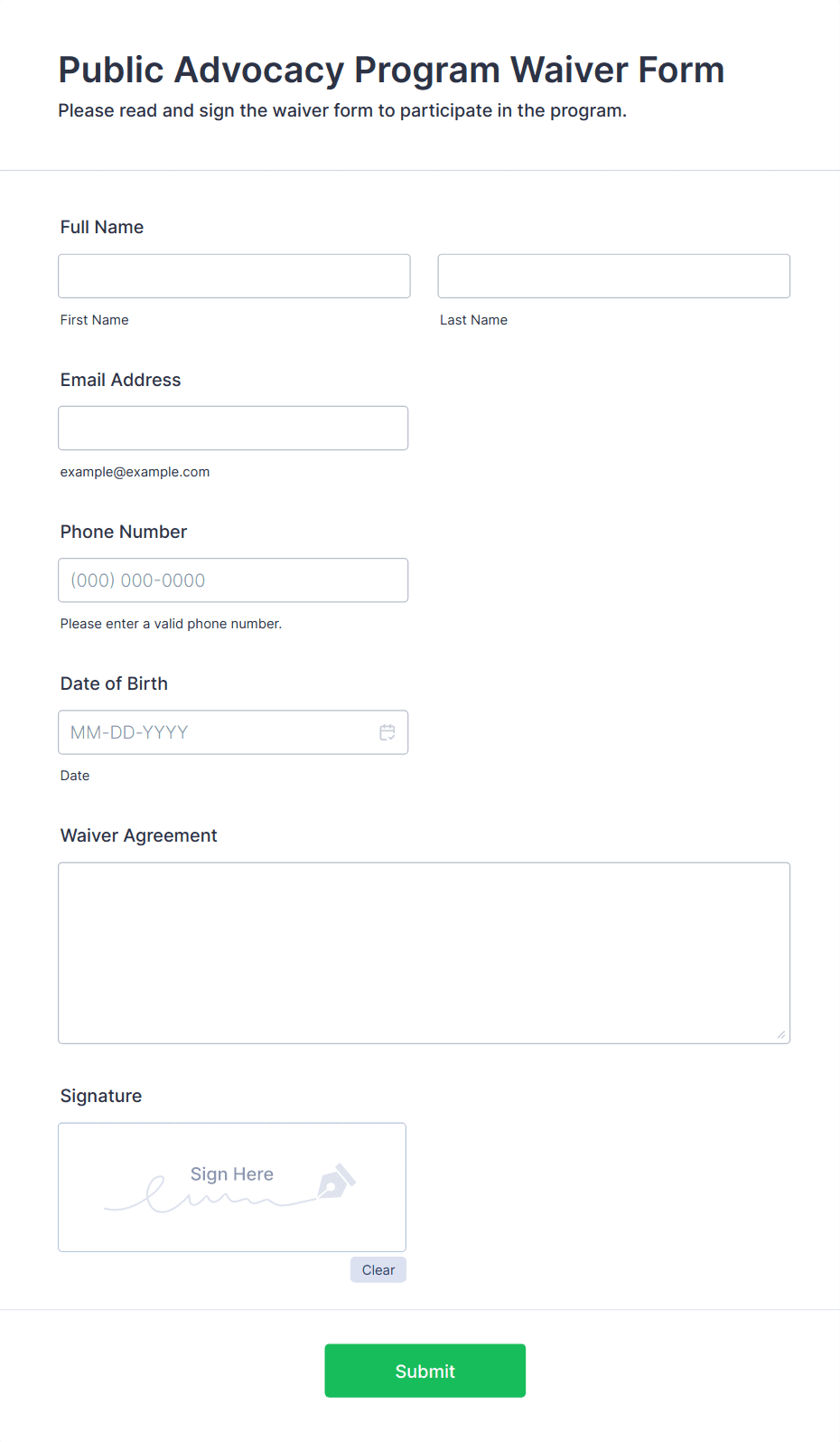 Public Advocacy Program Waiver Form Template | Jotform
