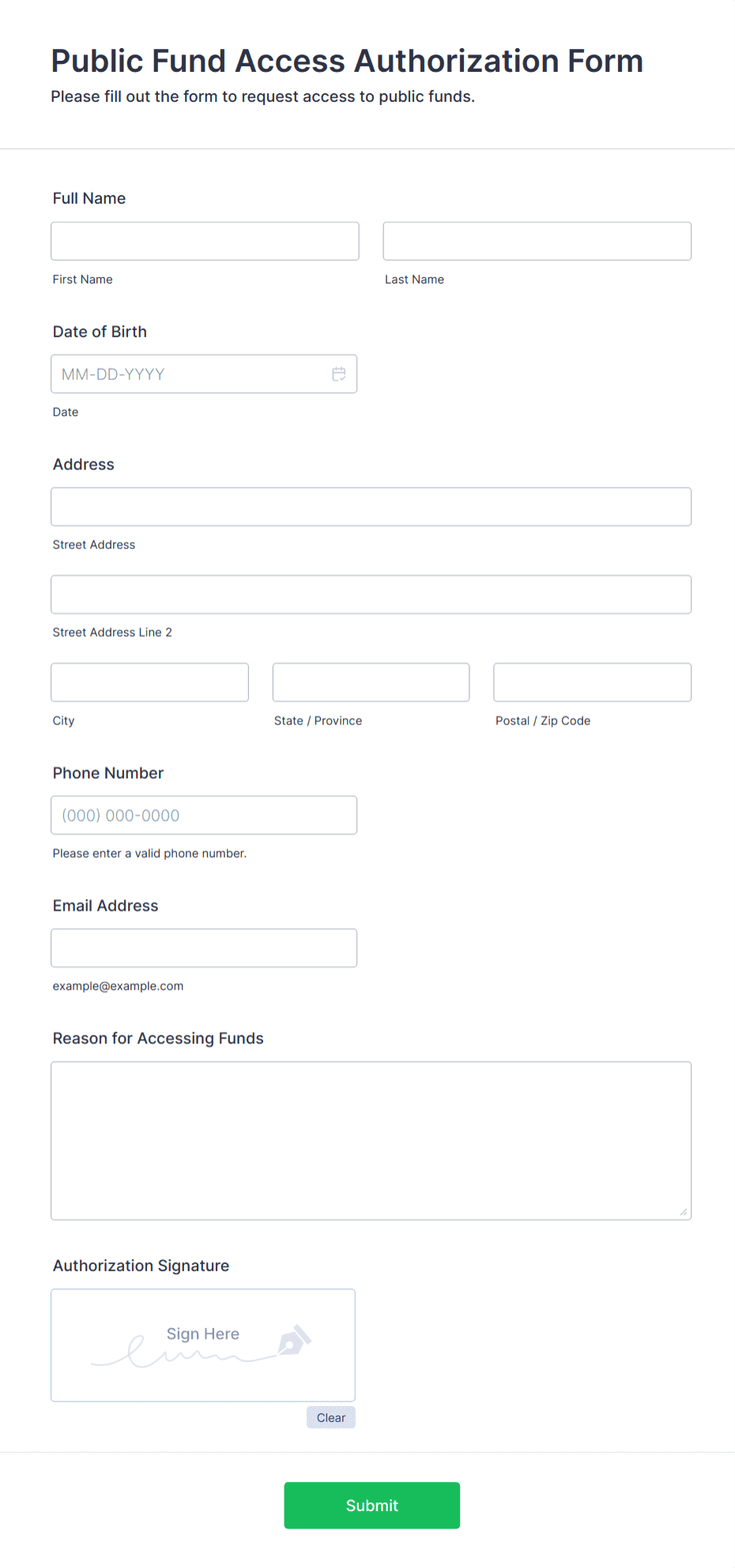 Public Fund Access Authorization Form Template | Jotform