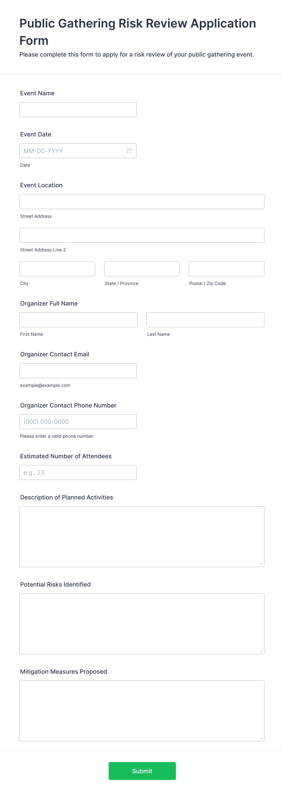 Public Gathering Risk Review Application Form Template | Jotform