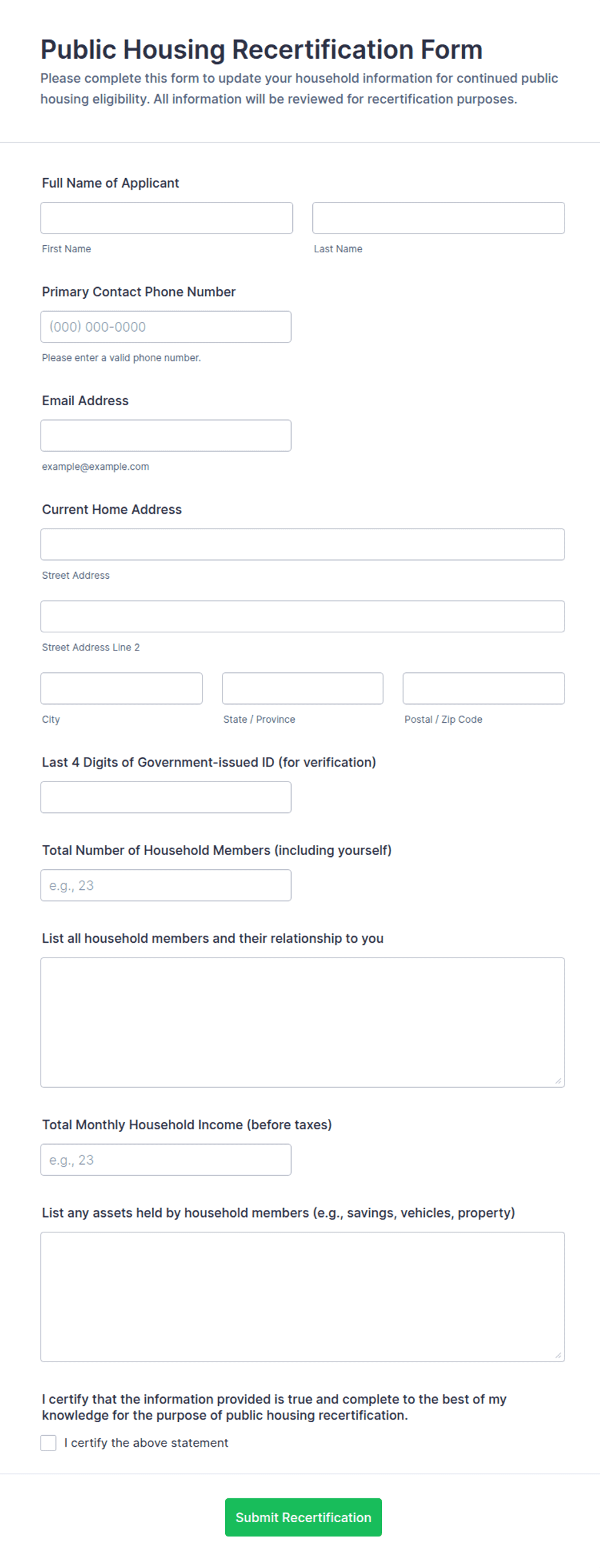 Public Housing Recertification Form Template | Jotform