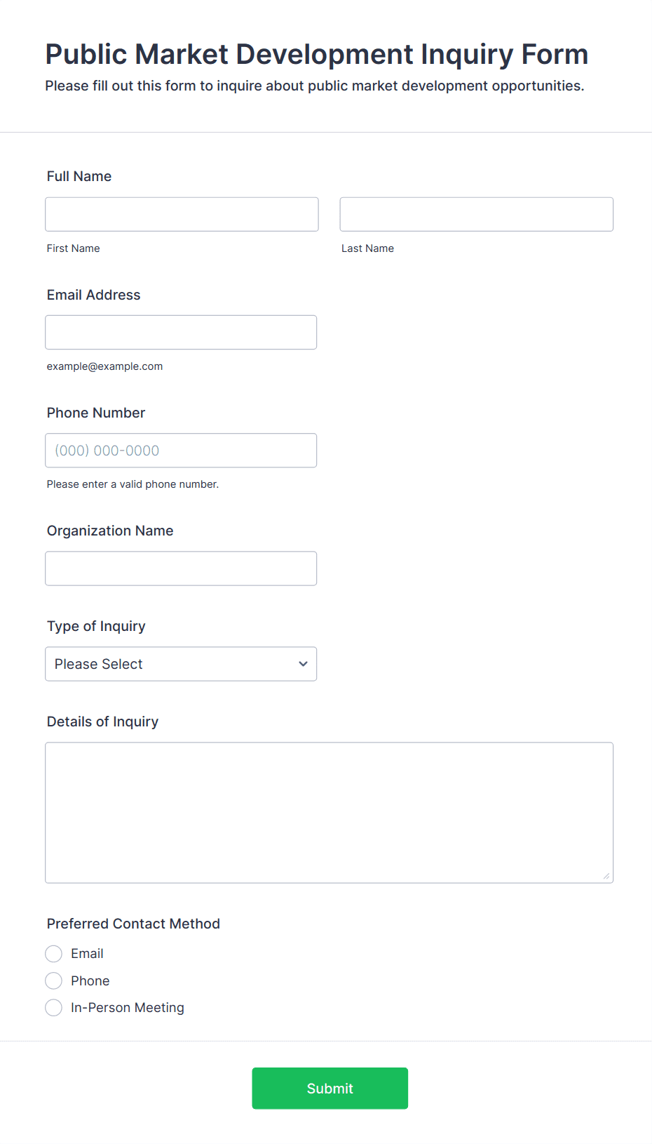 Public Market Development Inquiry Form Template | Jotform