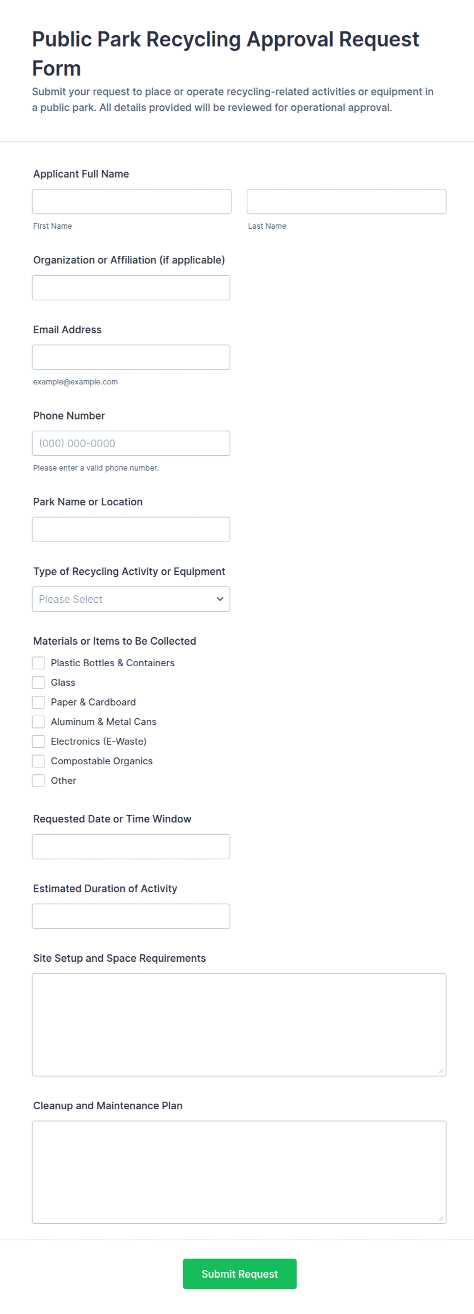 Public Park Recycling Approval Request Form Template | Jotform