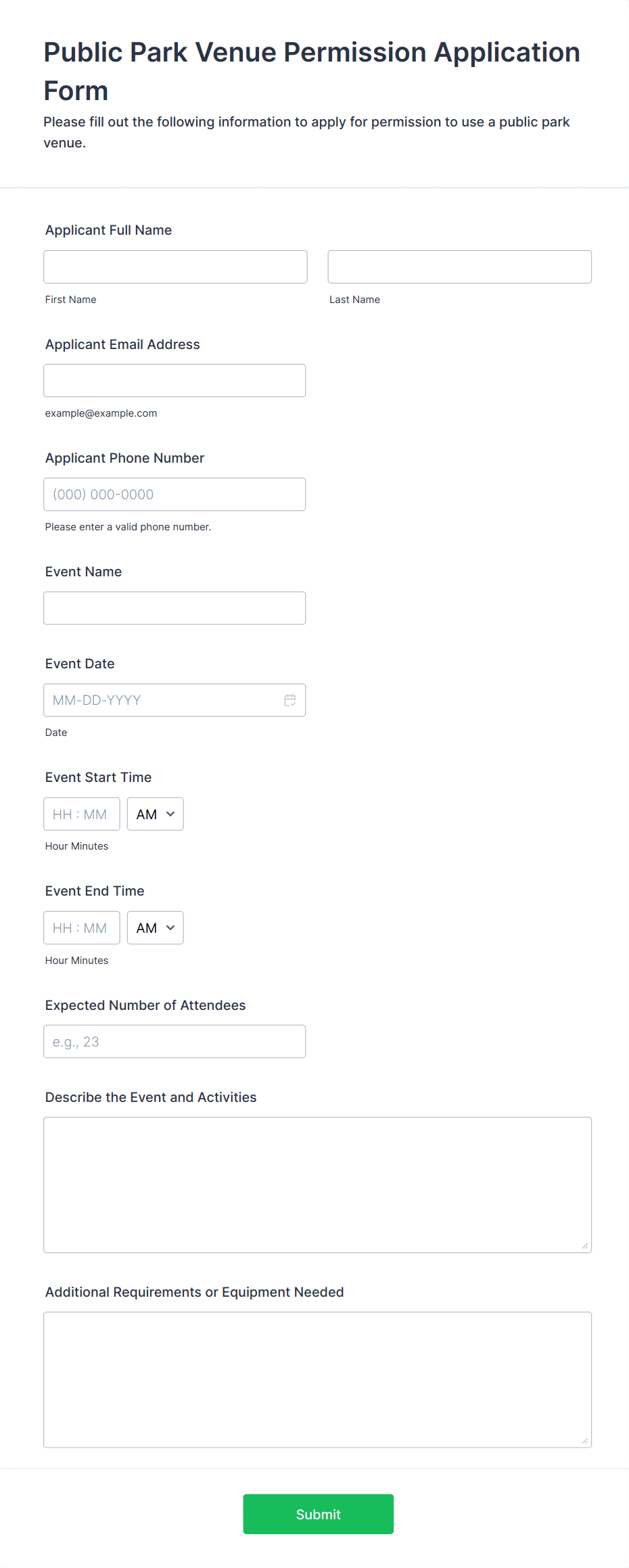 Public Park Venue Permission Application Form Template | Jotform