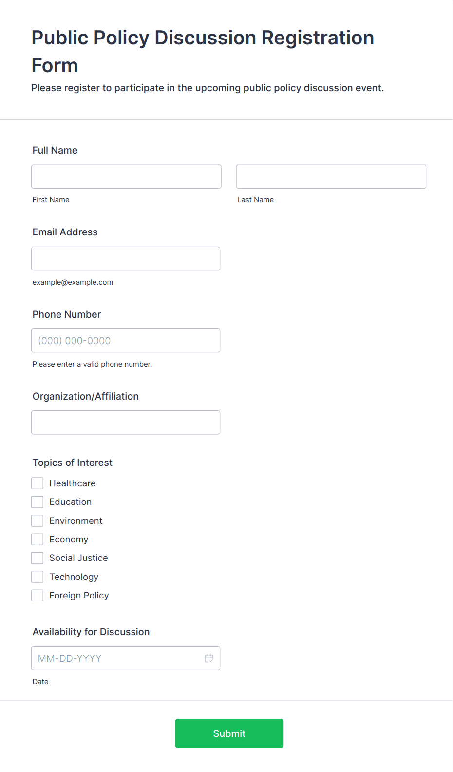 Public Policy Discussion Registration Form Template | Jotform