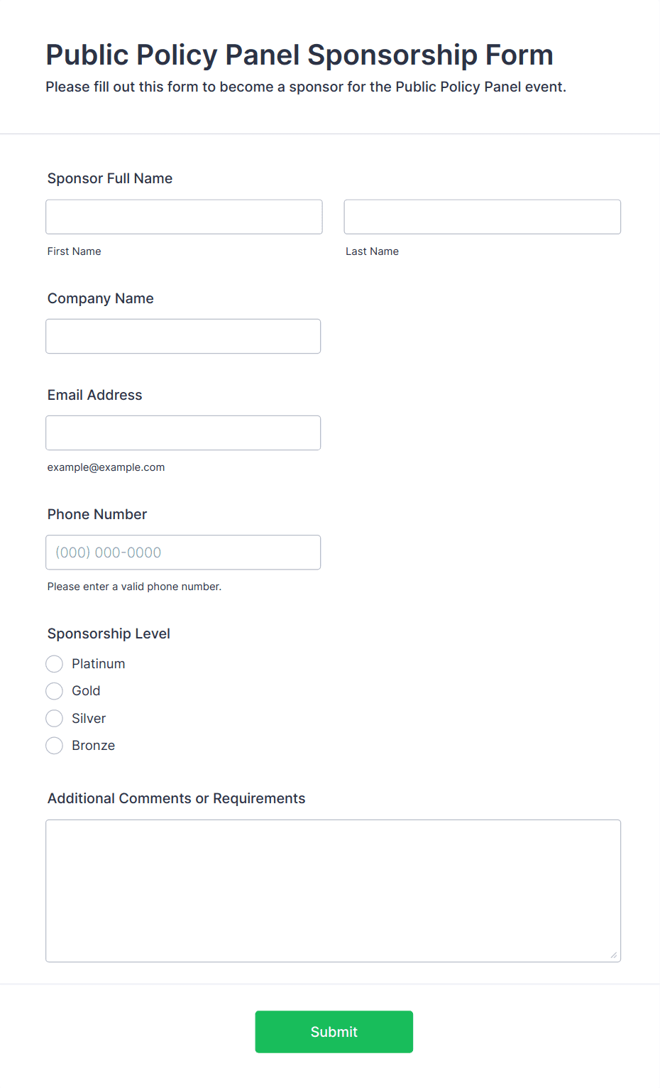 Public Policy Panel Sponsorship Form Template | Jotform