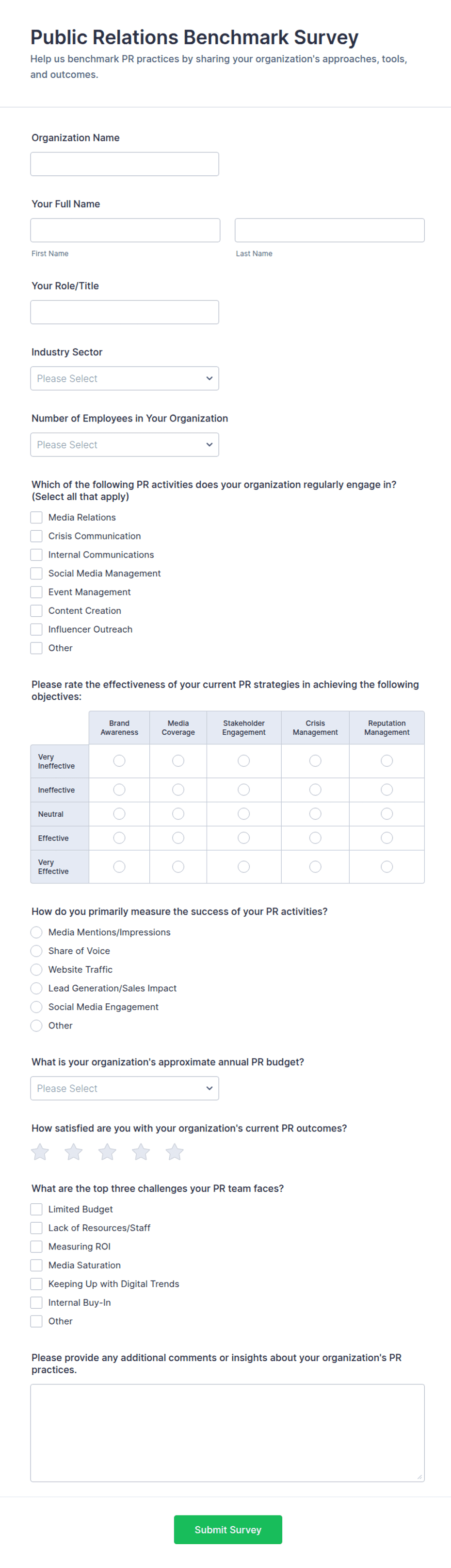 Public Relations Benchmark Survey Form Template | Jotform