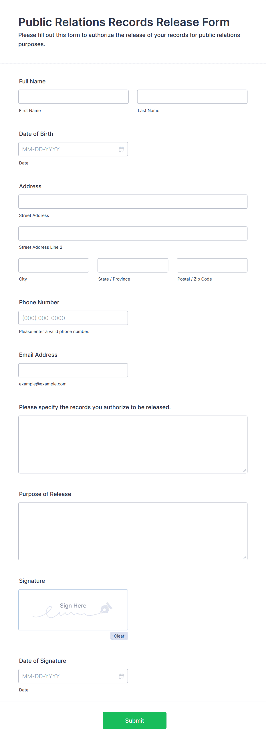 Public Relations Records Release Form Template | Jotform