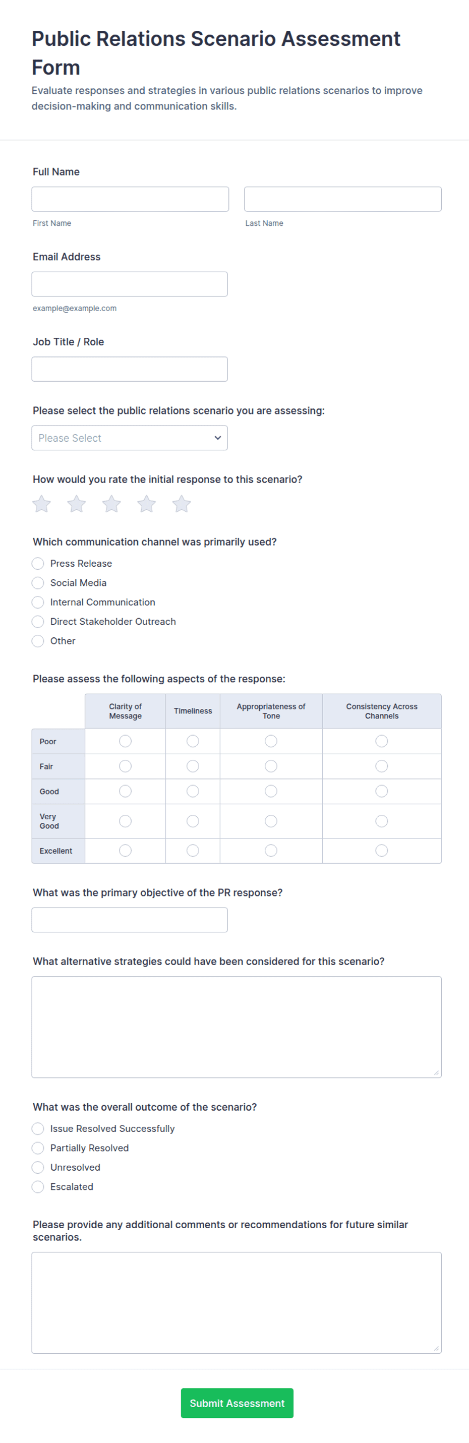 Public Relations Scenario Assessment Form Template | Jotform